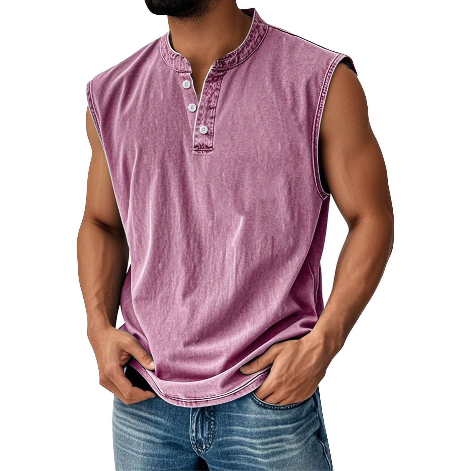 Evdexr Men's Henley Sleeveless Tank Tops Distressed Washed Solid V Neck ...