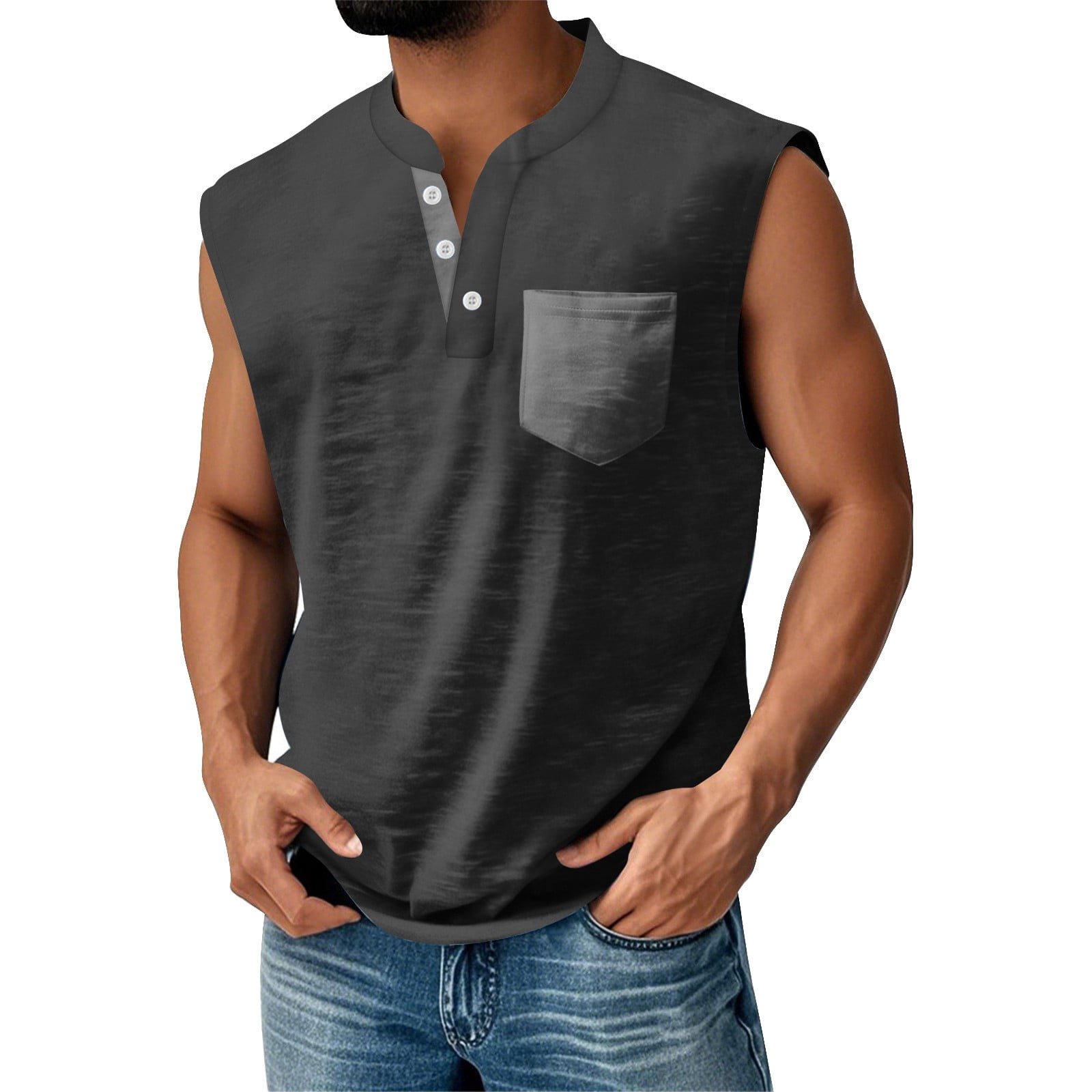 Evdexr Men's Mokaloha Sleeveless Shirts Henley Chest Pocket Beach Tee ...