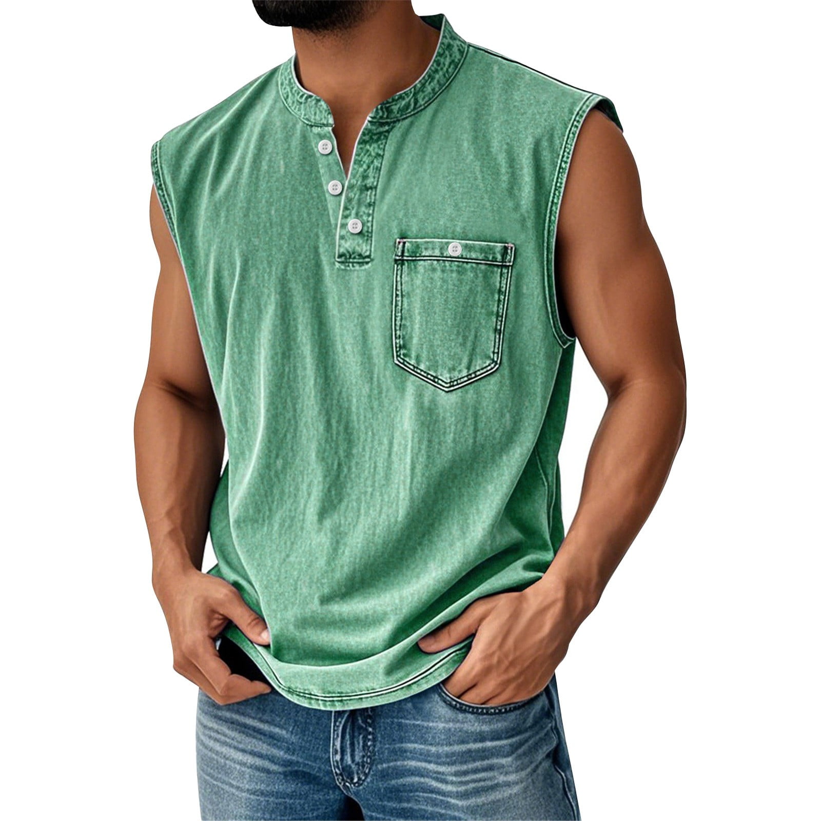 Evdexr Men's Shirts 2025 Vintage Solid Big and Tall Sleeveless Gym Workout T-Shirt Henley Plain ...
