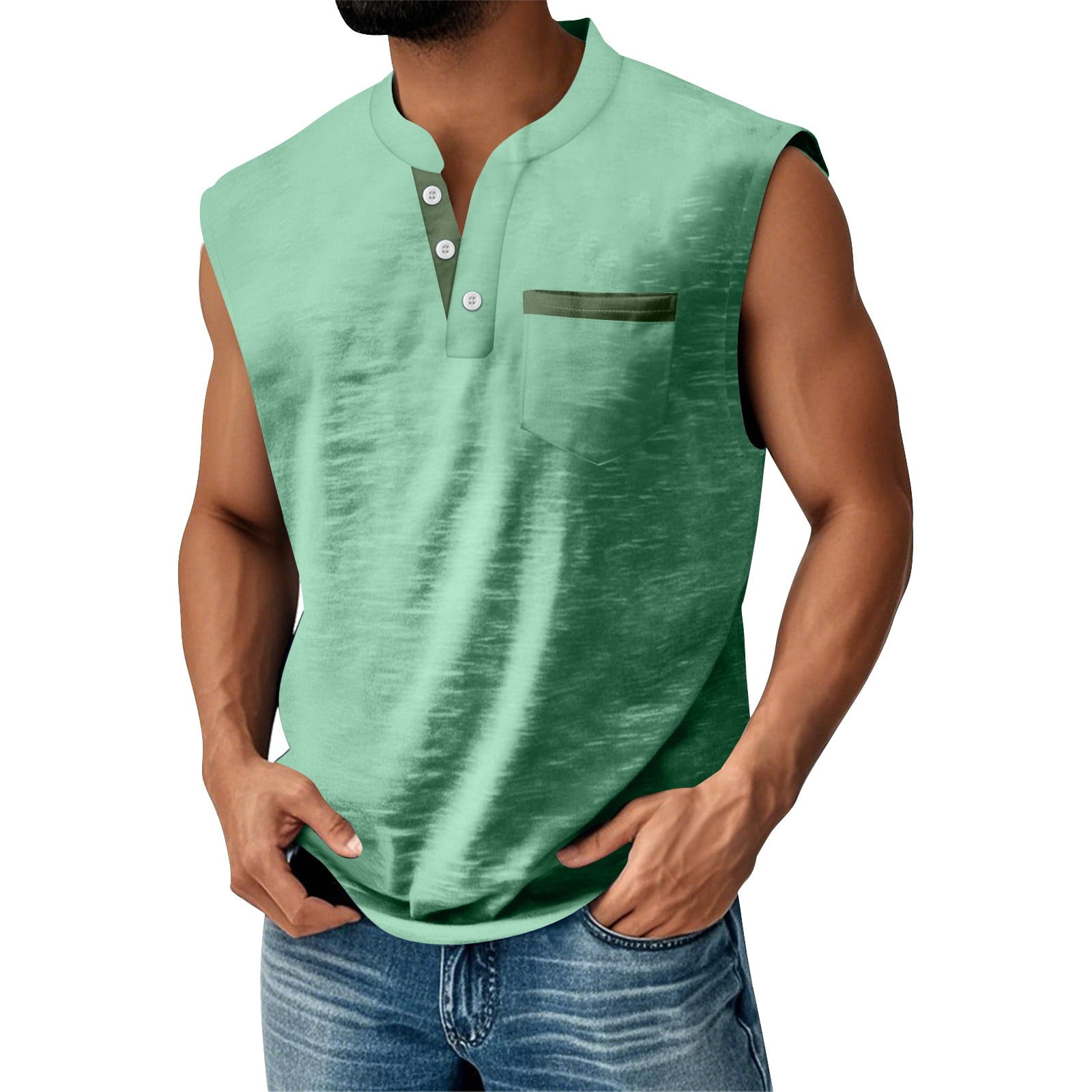 Evdexr Mens Mokaloha Sleeveless Shirts Henley Chest Pocket Solid T ...