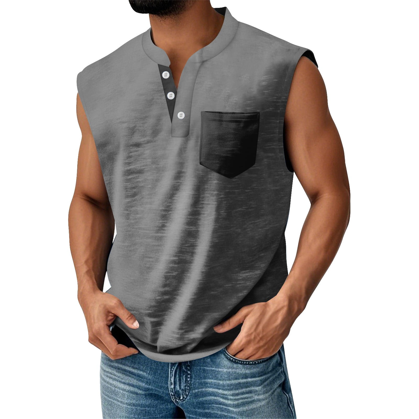 Evdexr Mokaloha Sleeveless Shirts for Men Henley Chest Pocket Beach Tee Shirts Muscle Solid ...