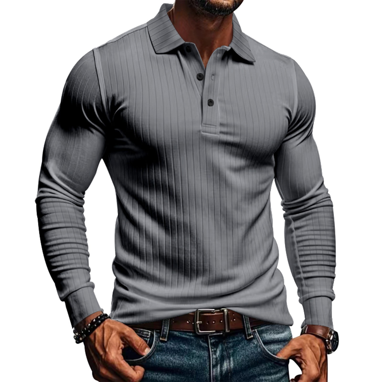 Evdexr Polo T Shirt Mens Ribbed Long Sleeve Shirt Ribbed Slim Fit ...