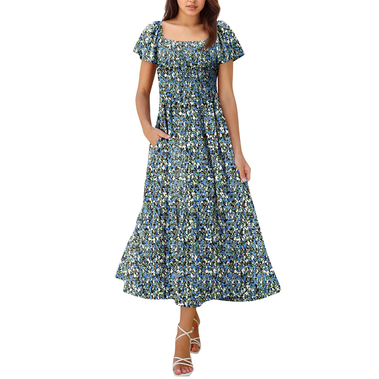 Evdexr Smocked Dress Women Puff Short Sleeve Maxi Solid Color Dress ...