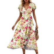 PRETTYGARDEN Women's Summer Floral Midi Dress Cap Sleeve V Neck Ruffle ...