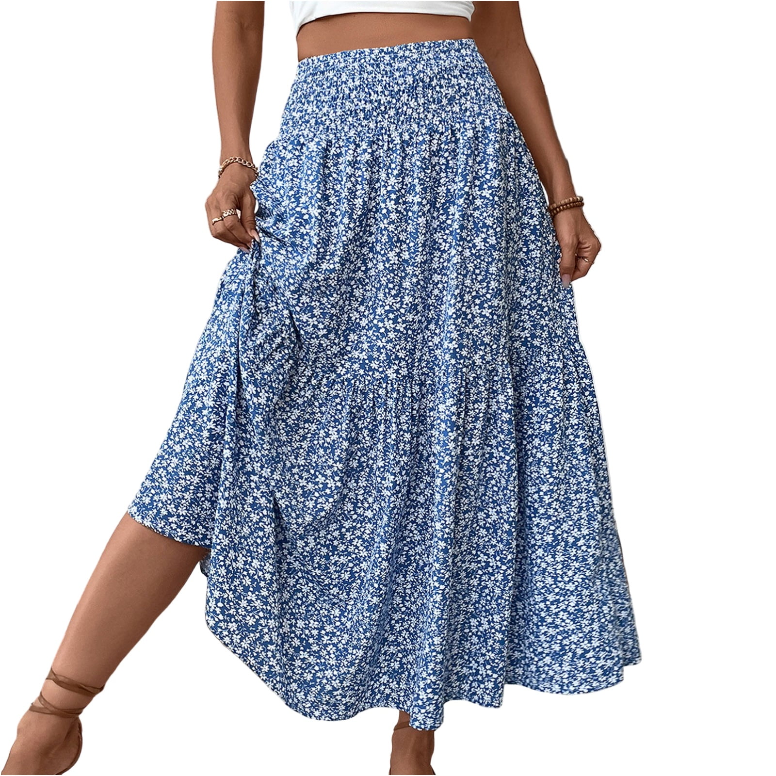 Evdexr Women Floral Maxi Skirt Smocked High Waist Cotton Flowy Long ...