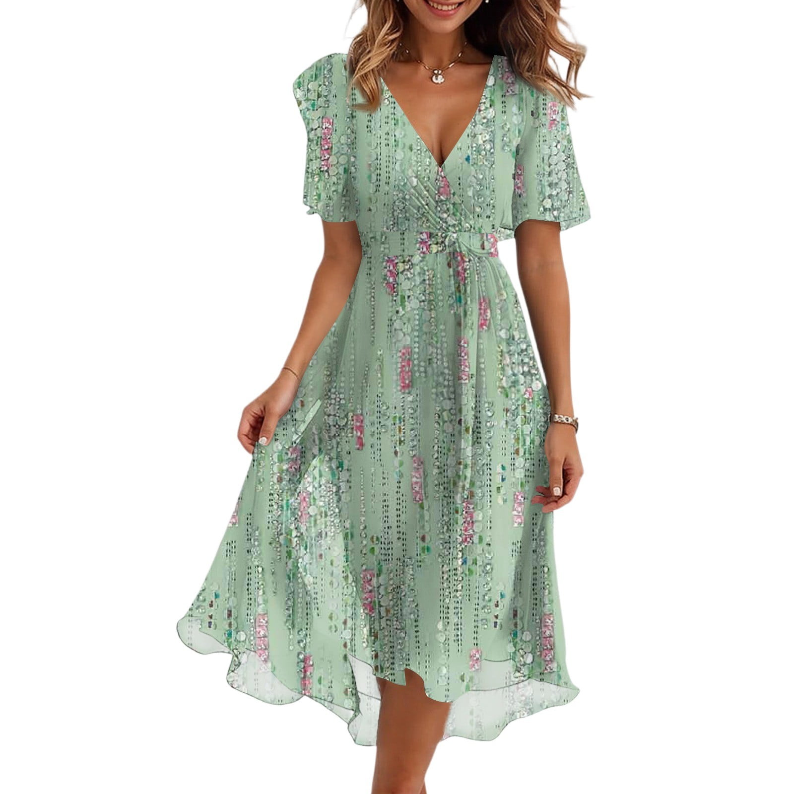 Evdexr Women's Chiffon Midi Dress Deep V Neck Belted Floral Printed ...