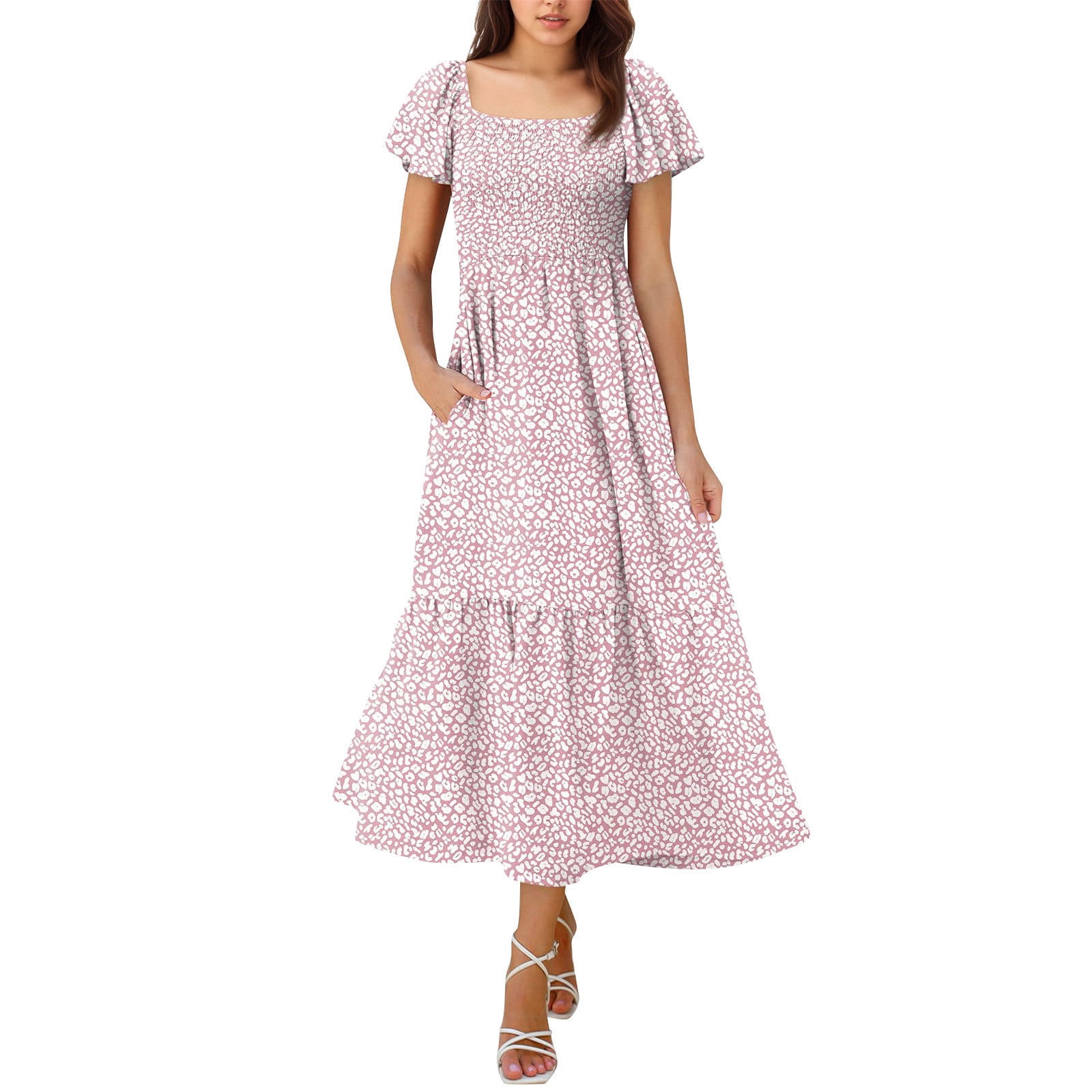 Evdexr Women's Puff Short Sleeve Dresses Maxi Smocked Ruffle Tiered ...