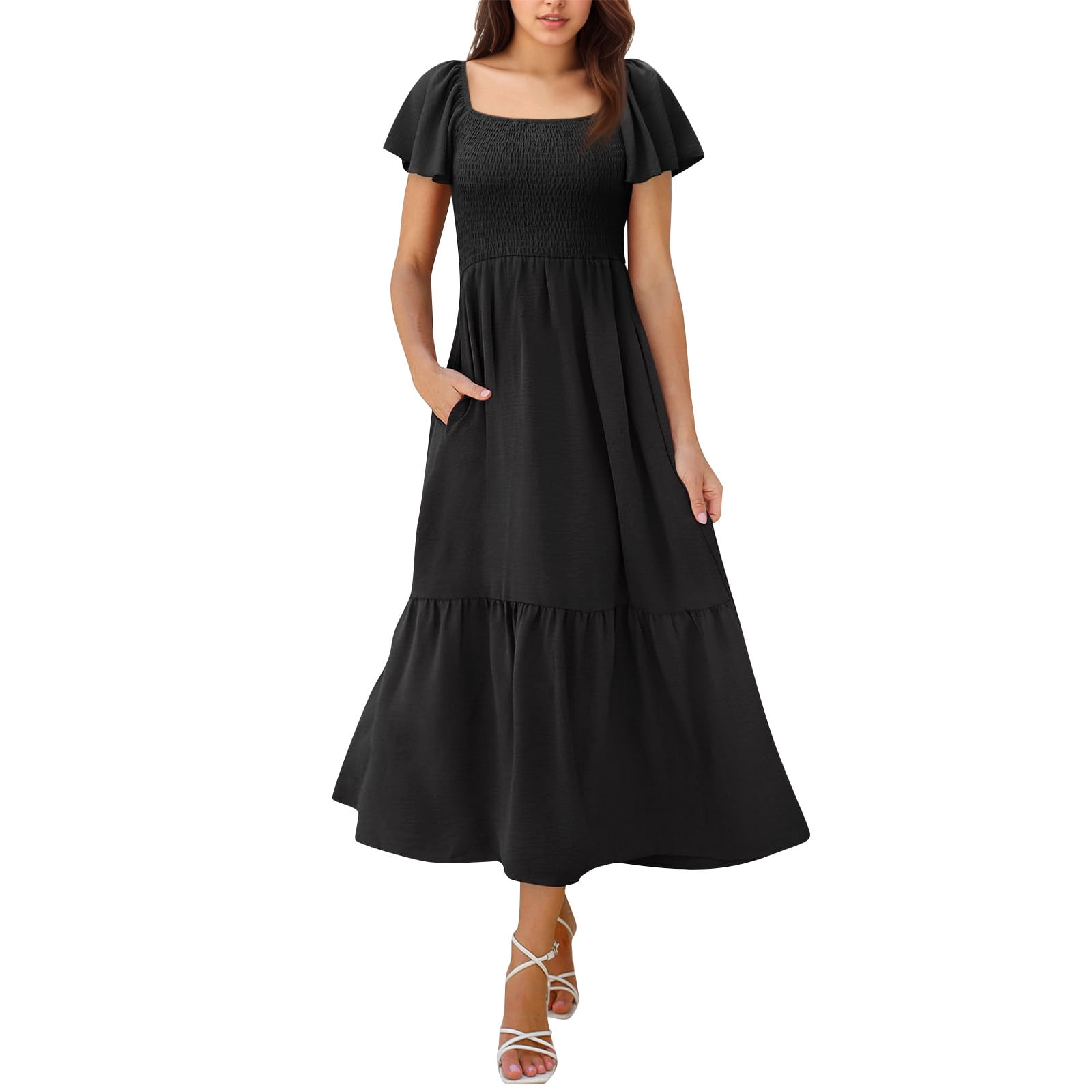 Evdexr Womens Puff Short Sleeve Dresses Maxi Smocked Ruffle Tiered ...