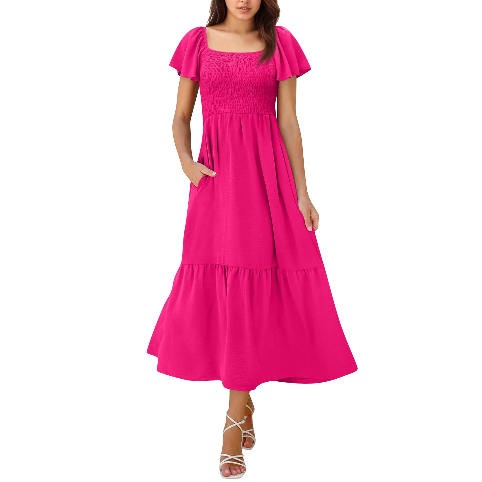 Evdexr Womens Smocked Dress Puff Short Sleeve Maxi Solid Color Frocks ...