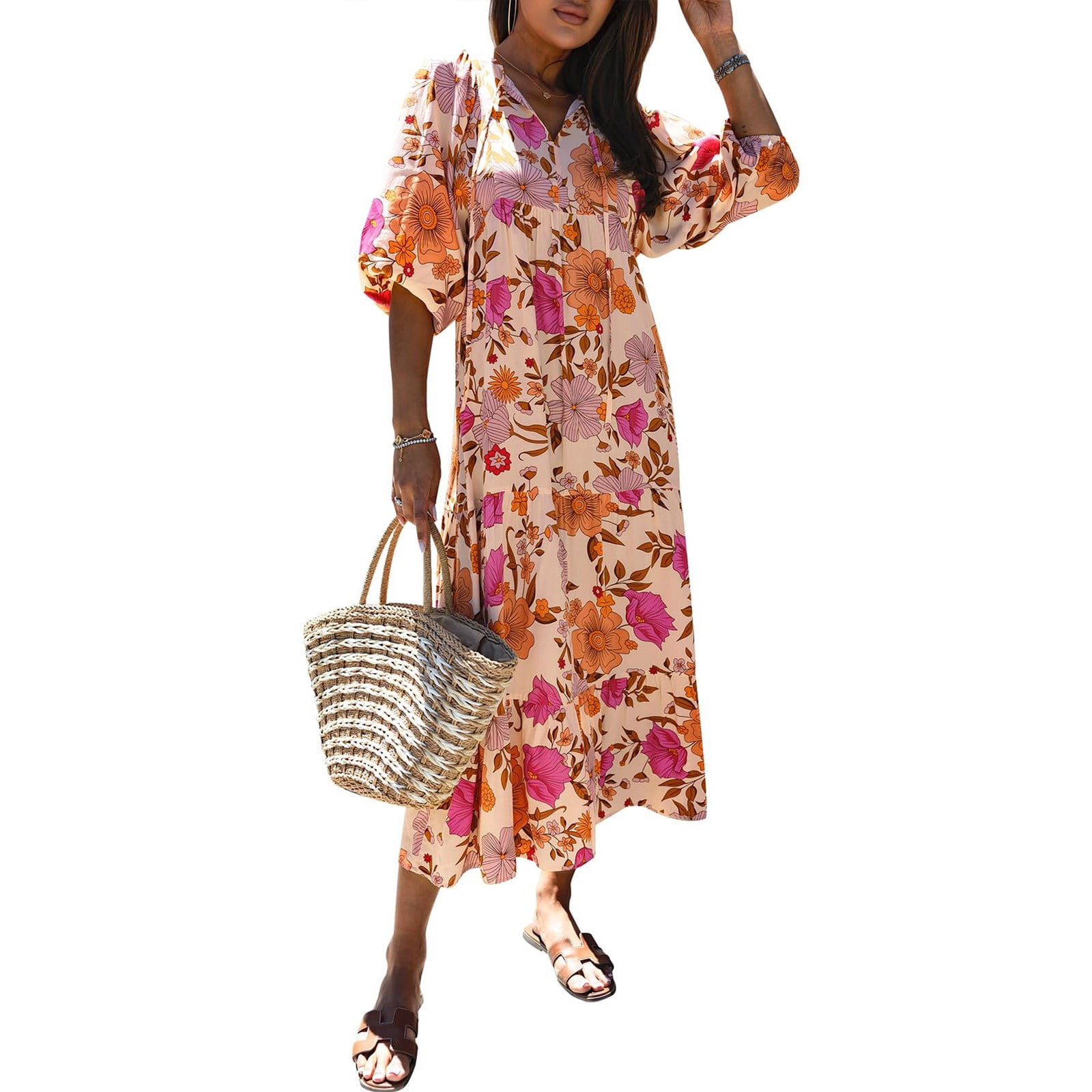 Evdexr Womens Tiered Sundress Maxi Boho Vacation Dresses Floarl V Neck ...