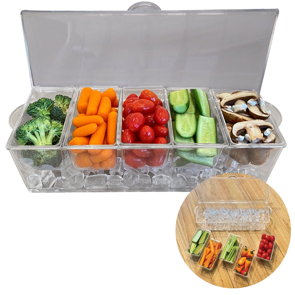 Evelots Ice Chilled Condiment Tray-5 Removable Compartments-Lid-2 Cup ...