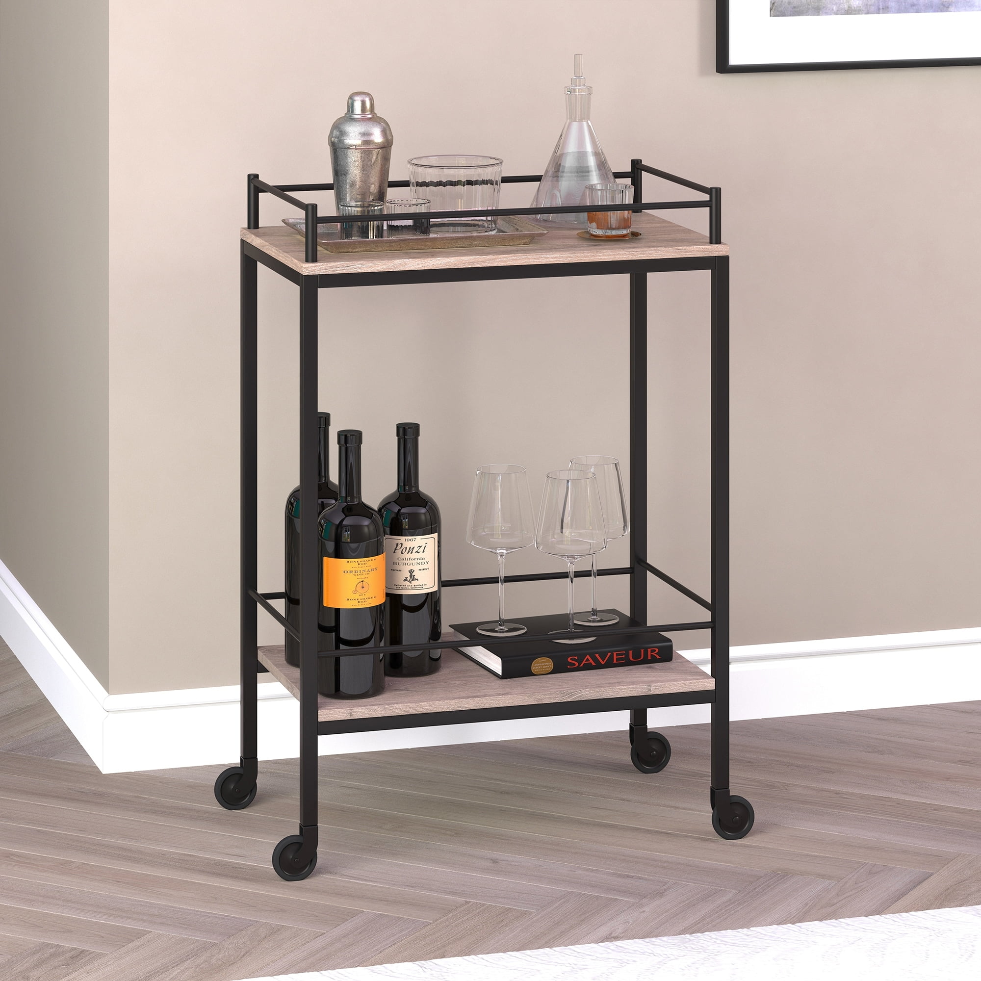Evelyn&Zoe Barnes 23.5" Wide Rectangular Bar Cart, Antiqued Gray Oak ...