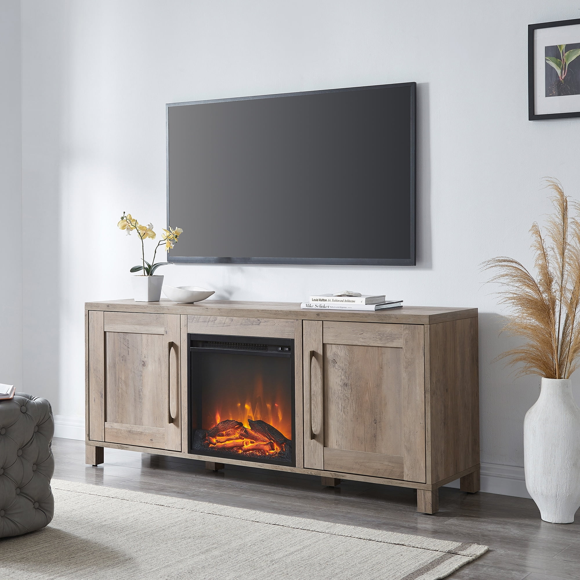 Evelyn&Zoe Chabot Rectangular TV Stand with Log Fireplace for TV's up ...