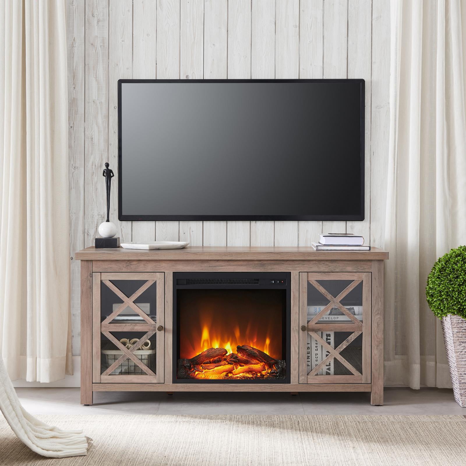 Evelyn&Zoe Colton Rectangular TV Stand with Log Fireplace for TV's up ...