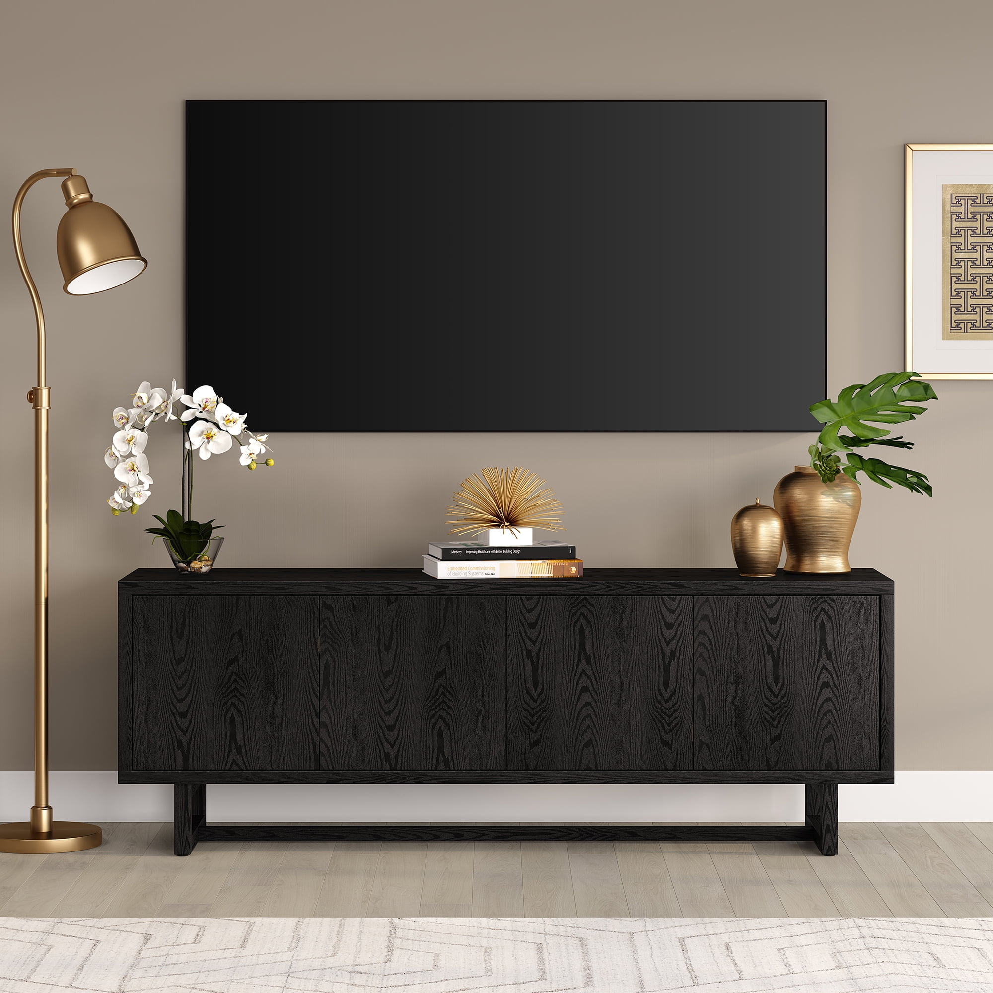 Evelyn&Zoe Cutler Rectangular TV Stand for TV's up to 75", Black Grain ...