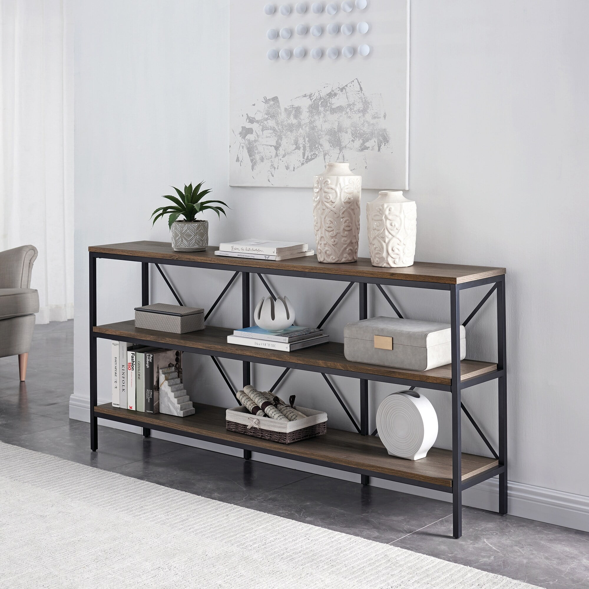 Evelyn&Zoe Kira 64" Wide Rectangular Console Table, Blackened Bronze/Alder Brown - Walmart.com