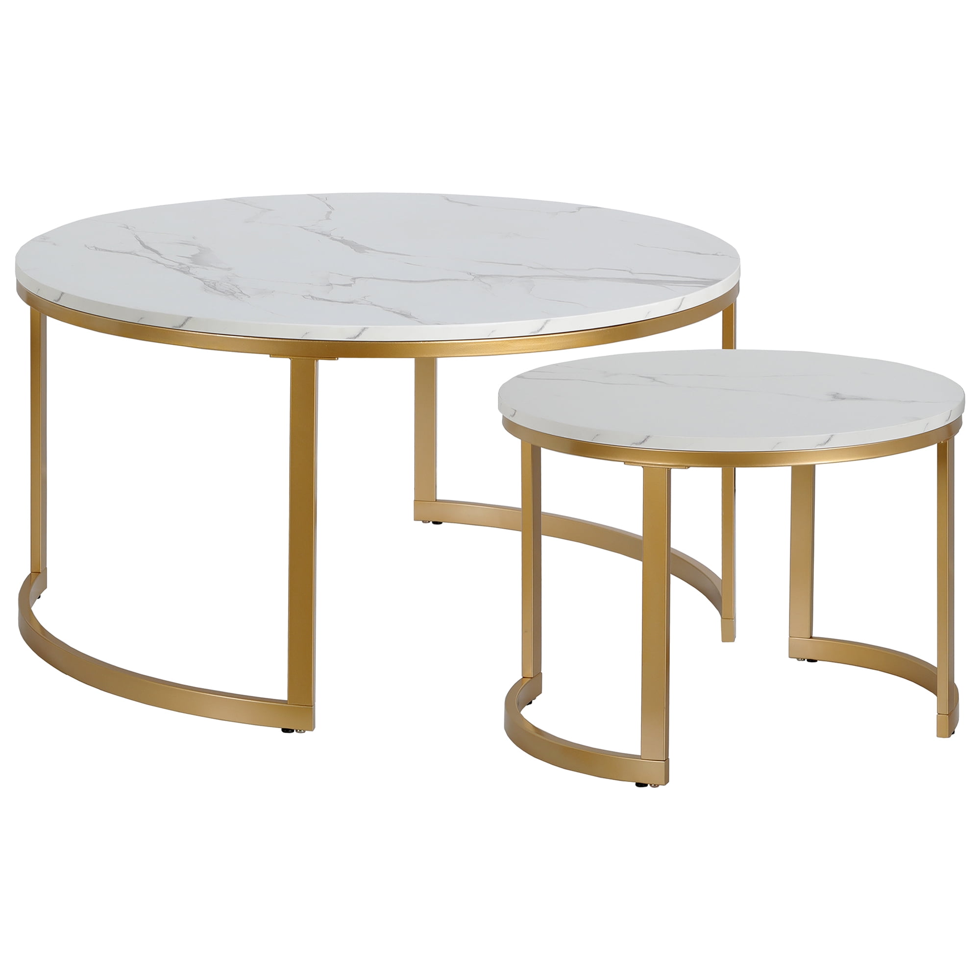 Evelyn&Zoe Mitera Round Nested Coffee Table with Faux Marble Top, Brass ...