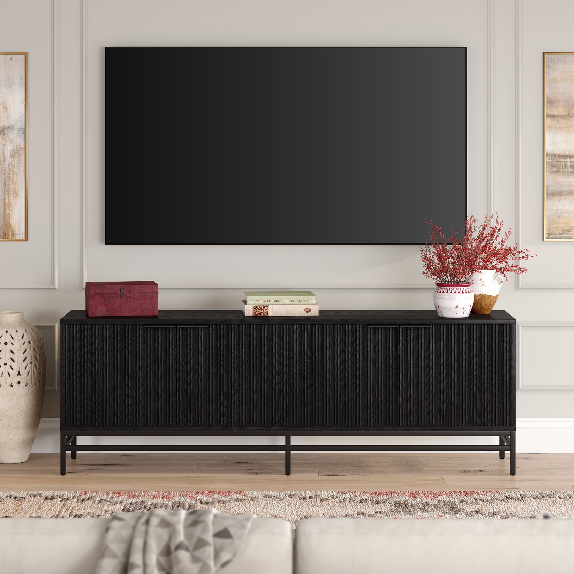 Free Shipping! Henn&Hart 70" Black Grain MDF/PVC/Metal TV Stand ...