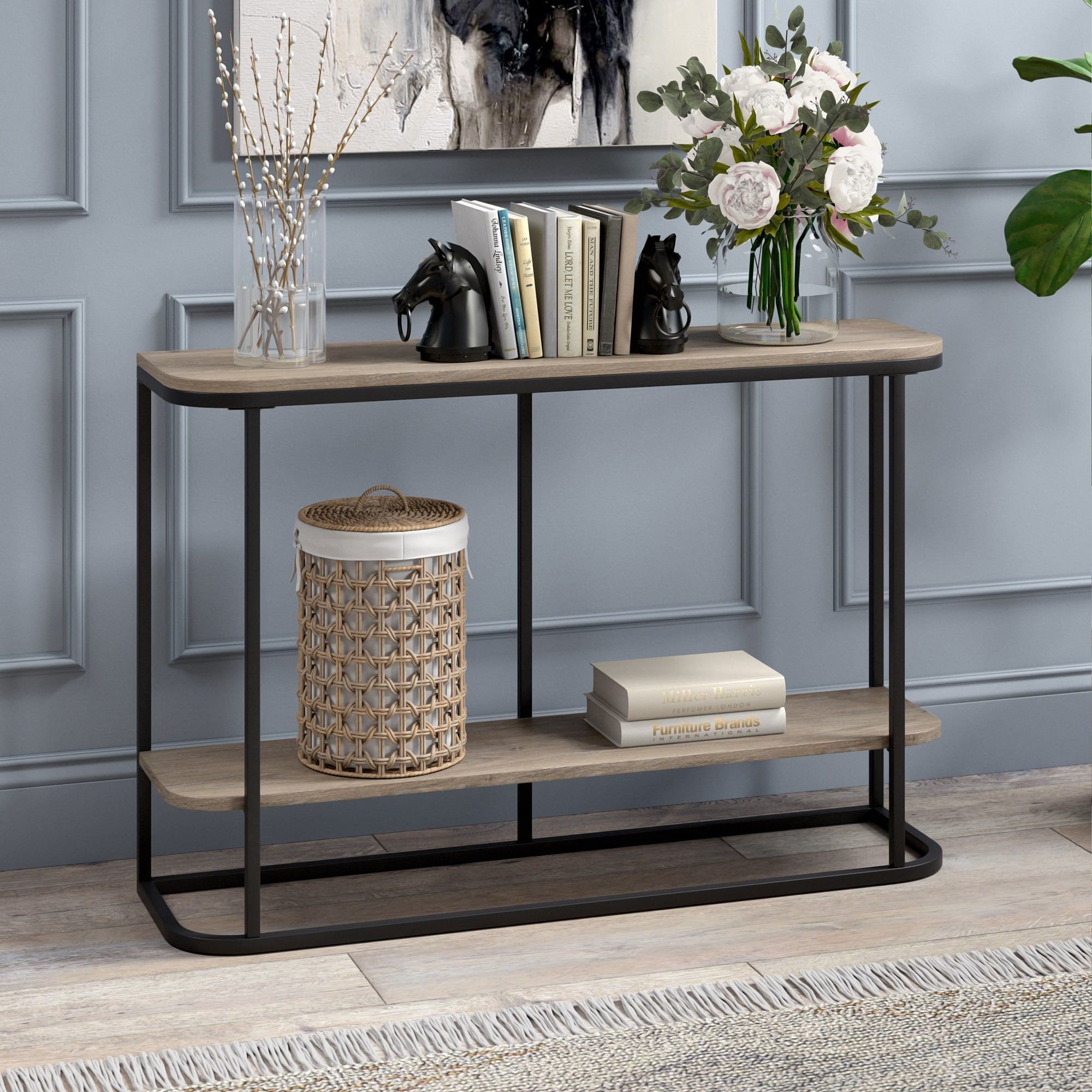 Evelyn&Zoe Selene 45" Wide Rectangular Console Table, Blackened Bronze/Antiqued Gray Oak ...