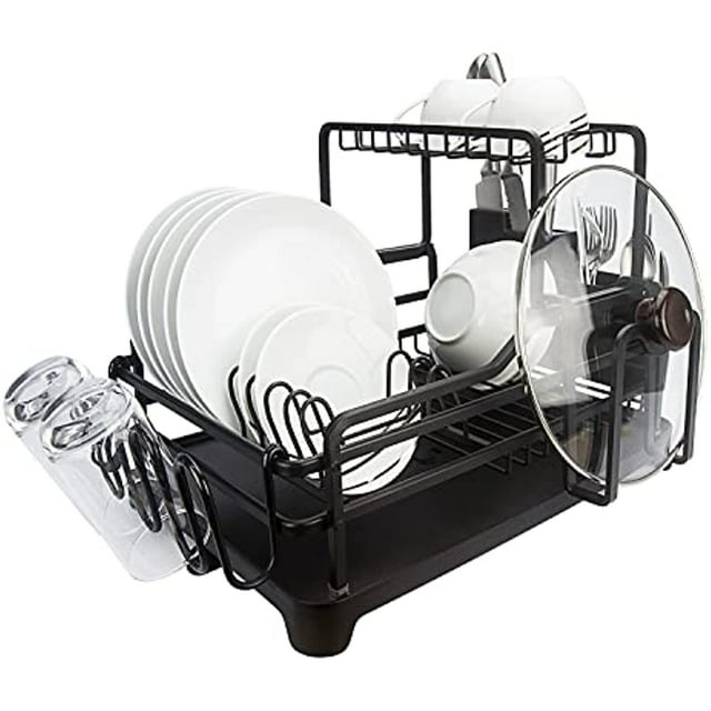 Evelyne GMT-10353-A Black Aluminum Dish Drying Rack with Utensil Holder ...