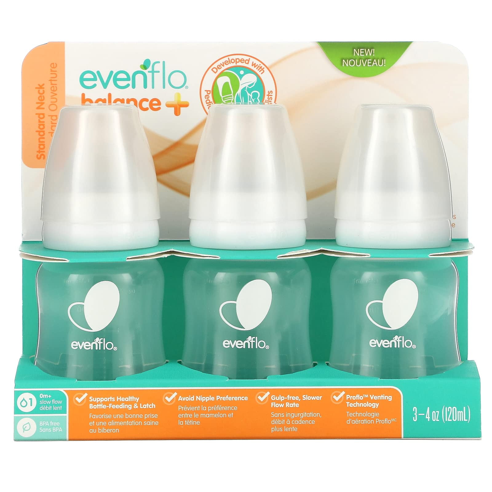 Evenflo Feeding Balance+ Bottles, Standard, 0+ Months, Slow Flow, 3 ...
