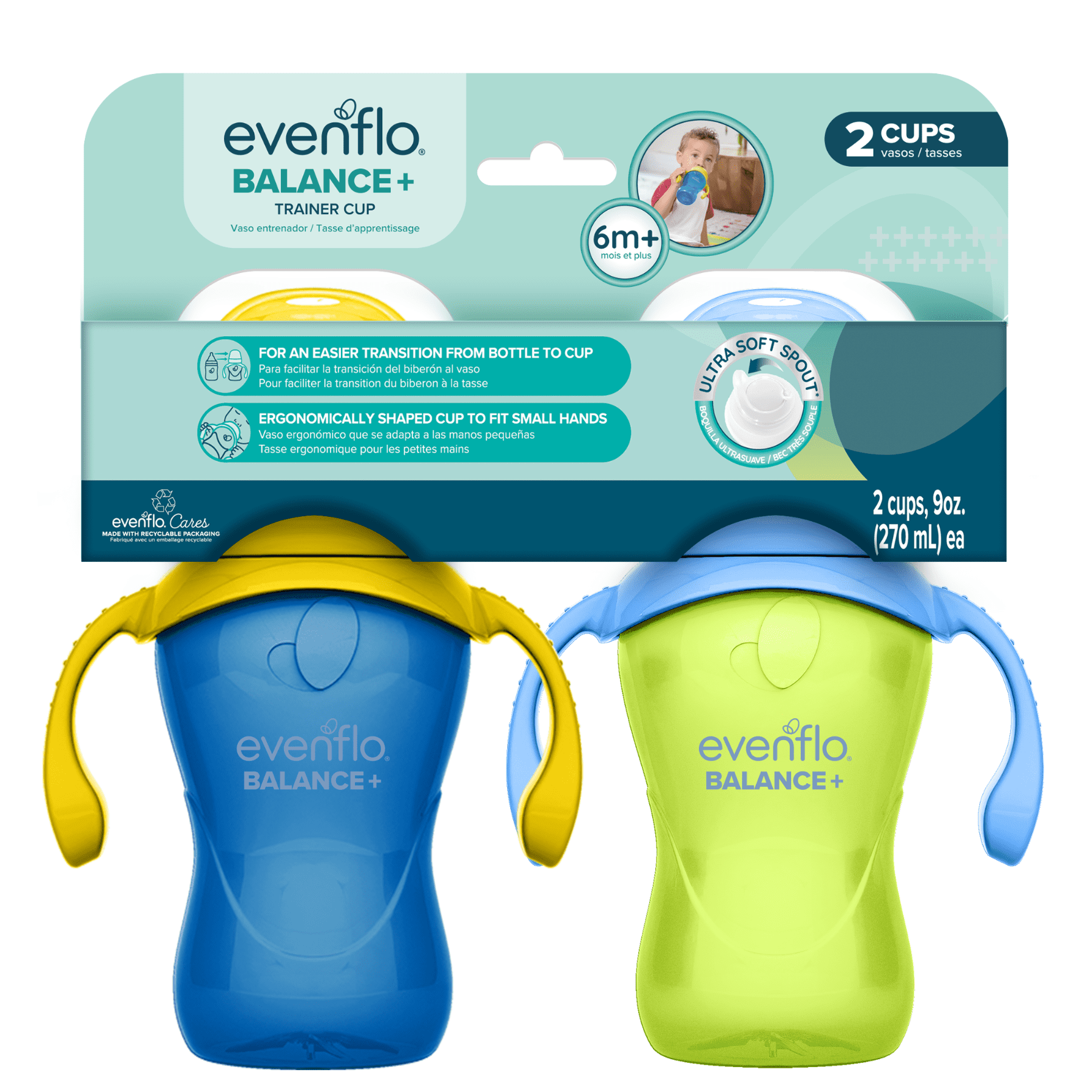 Evenflo Feeding 9 oz Balance Cups, 2-Pack, Blue & Green, Baby Sippy ...