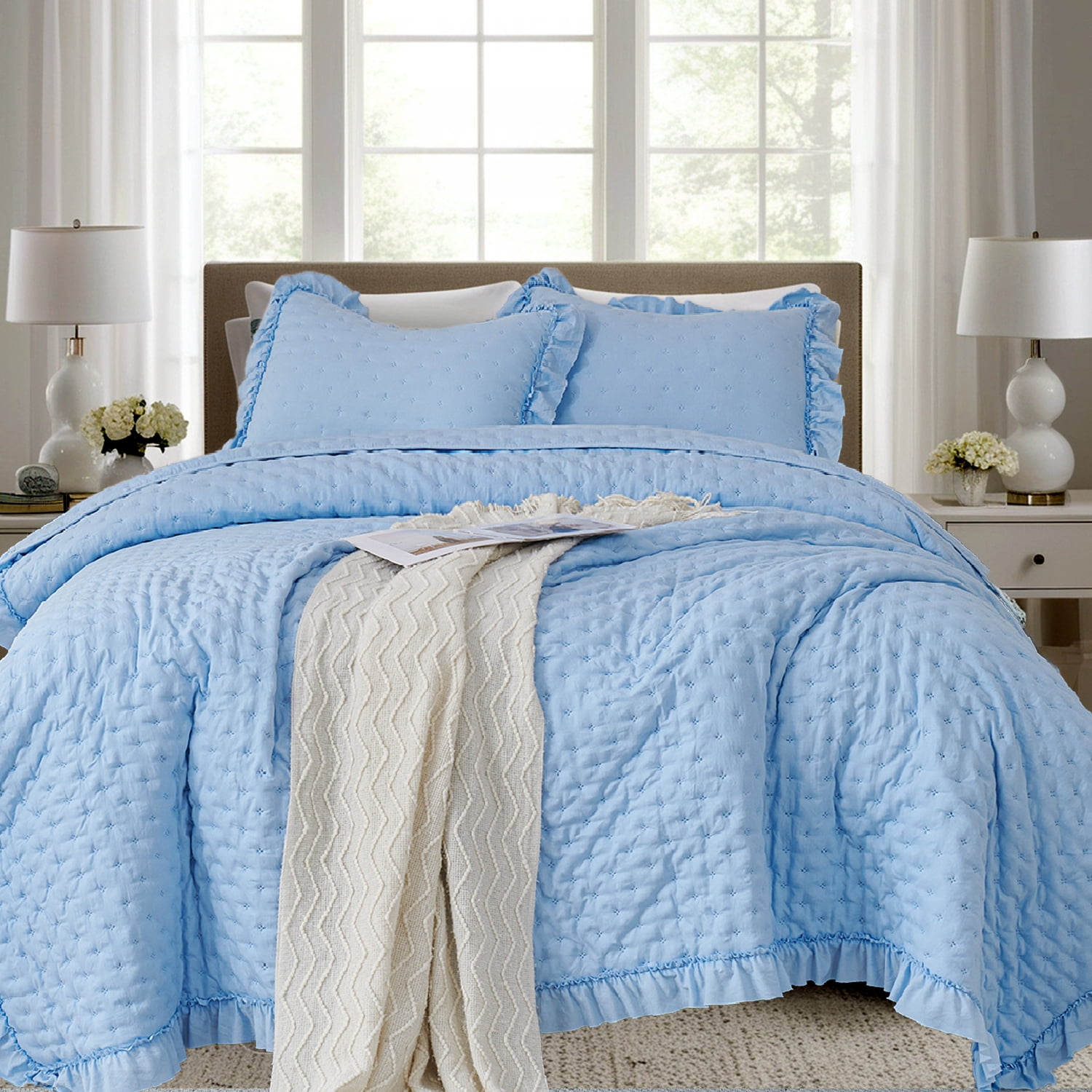 Evenhug 3-Piece Queen Quilt Set Soft Ruffled Bedding Set Lightweight ...