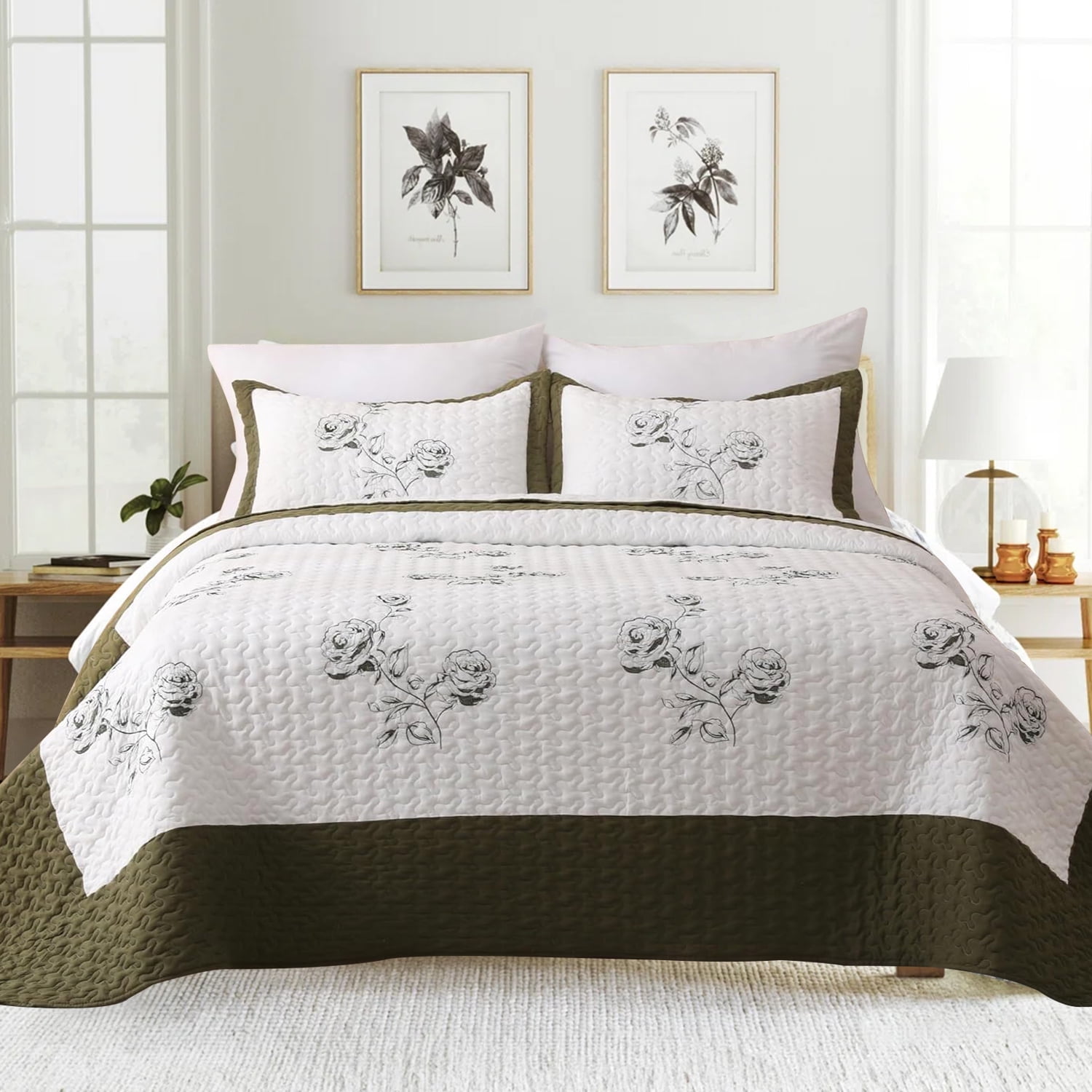 Evenhug 3-Piece Queen Floral Embroidery Quilt Set, Soft Lightweight ...