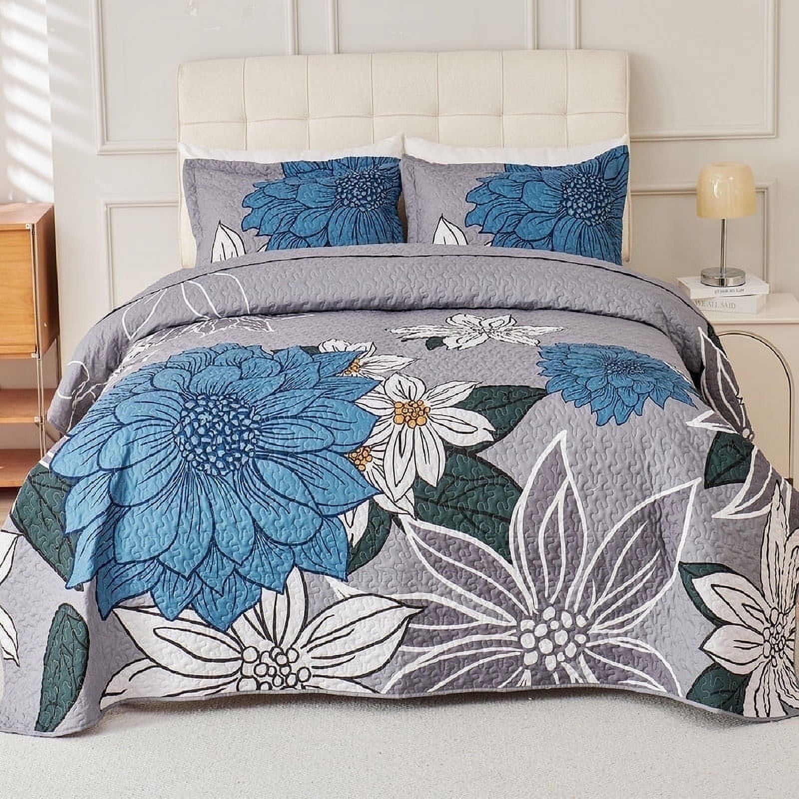 Evenhug Quilt Set 3-Piece King Blue Flower Bedding Set Microfiber ...