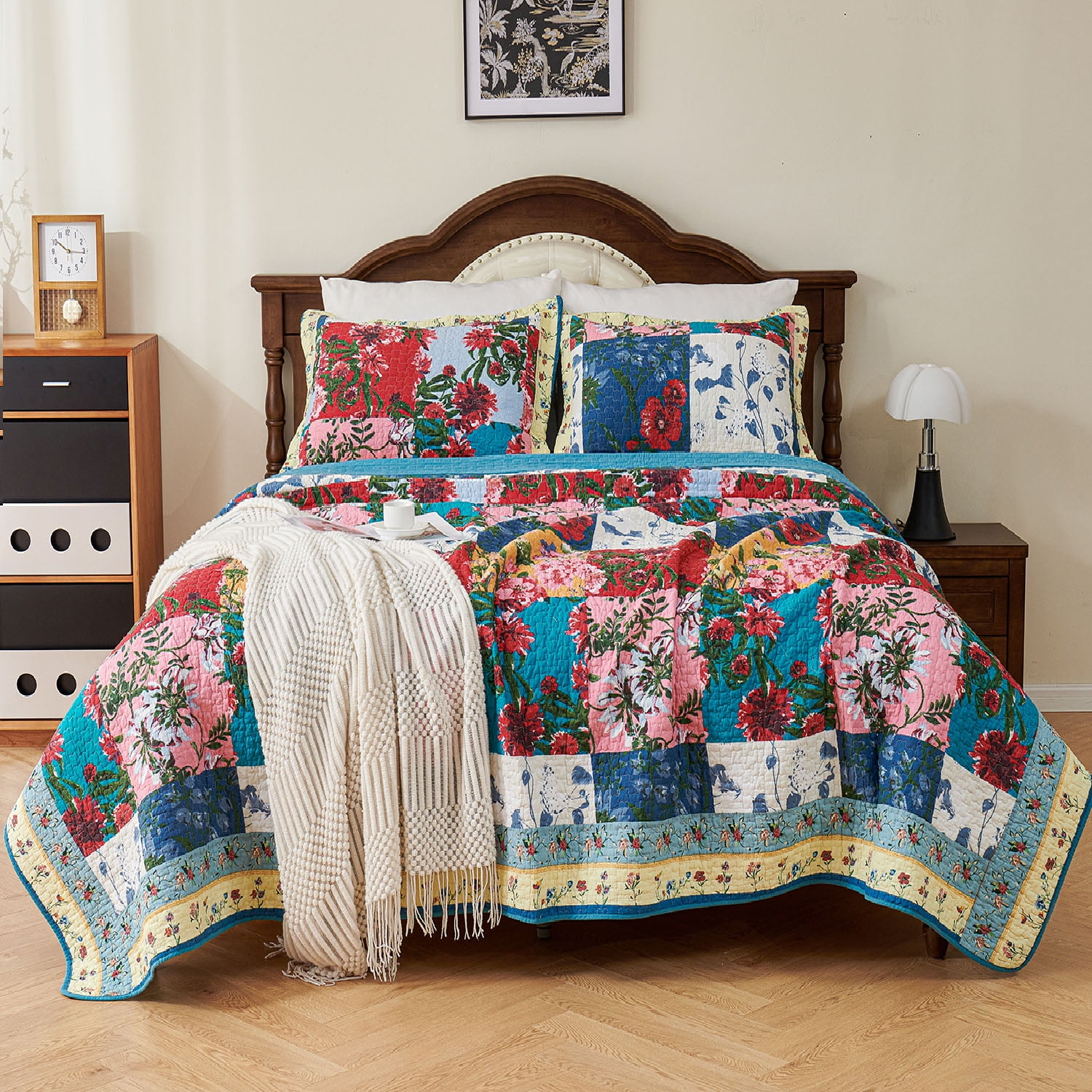 Evenhug Quilts 3-Piece Pink Floral Patchwork Queen Quilt Set ...