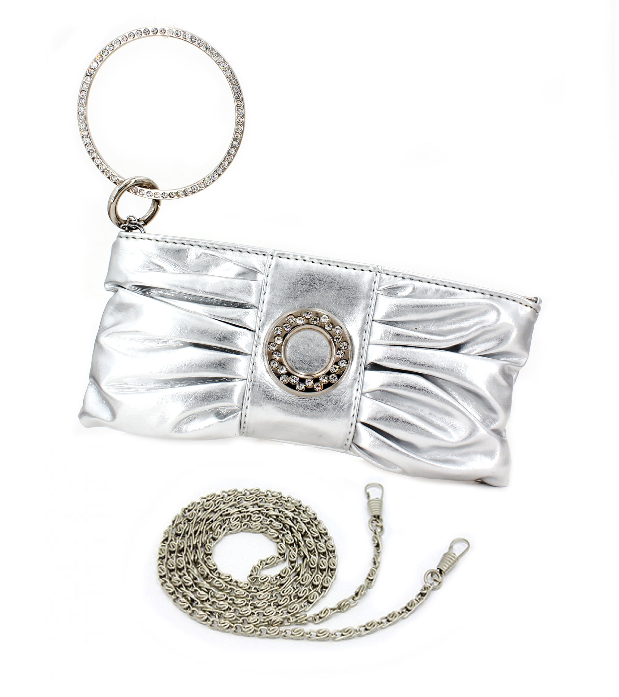 Evening Bag - Pleated PU Leather w/ Rhinestone Loop Wristlet - Silver ...