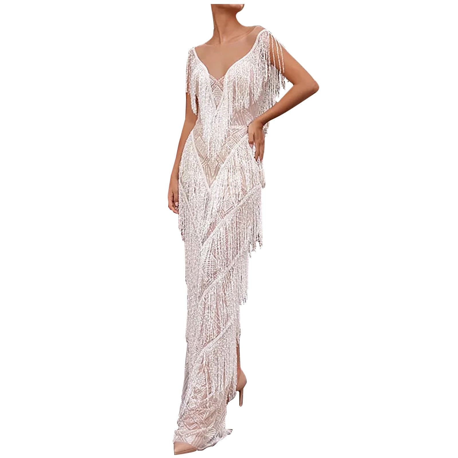 Evening Maxi Gown for Women 20s Vintage Fringe Long Flapper Dress ...