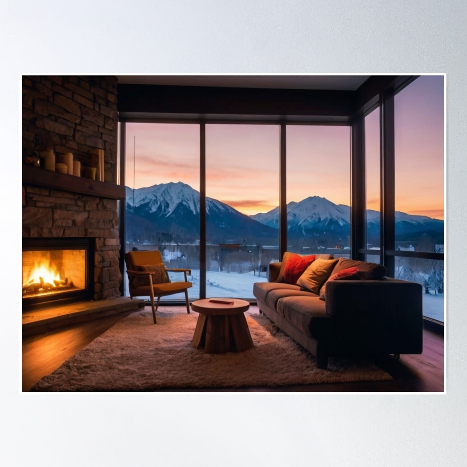 Evening Serenity: Fireplace And Mountain Views Poster Wall Art, Modern ...