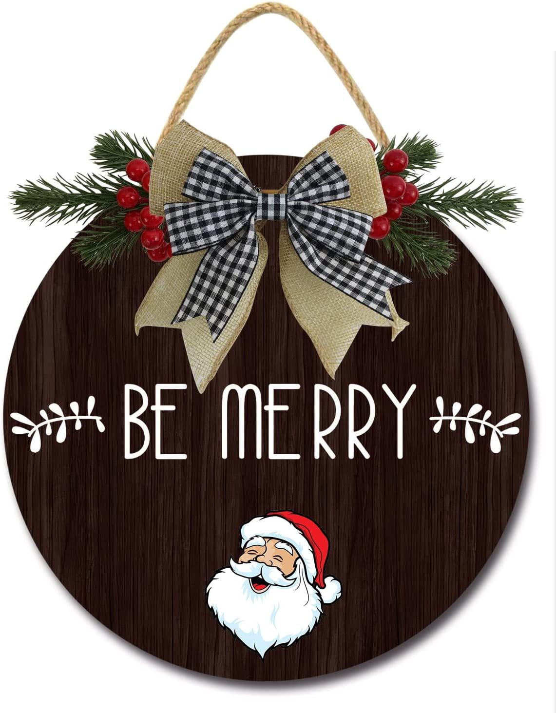 Eveokoki 11" Be Merry Sign Christmas Welcome Sign for Front Door Round ...