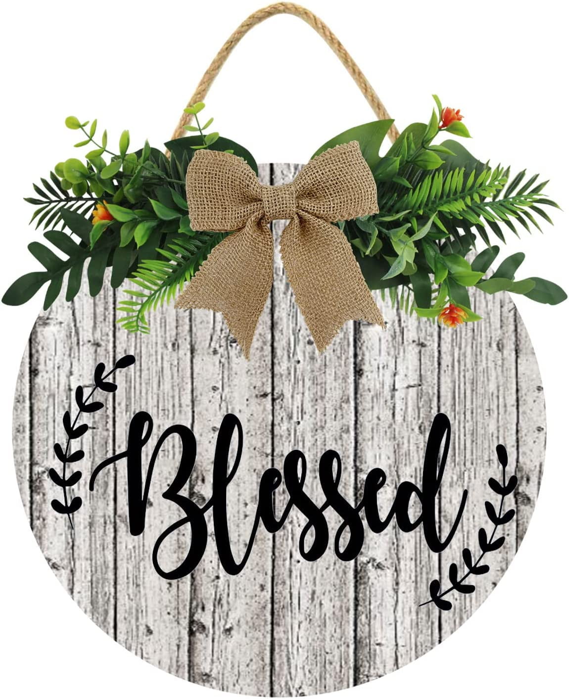 Eveokoki 11" Blessed Wreaths Decor Sign Front Door Round Wood Hanging ...