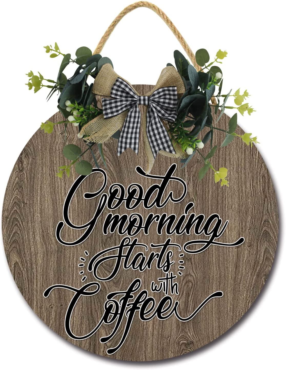 Eveokoki 11" Rustic Hanging Wooden Signs,Good Morning Start with Coffee ...