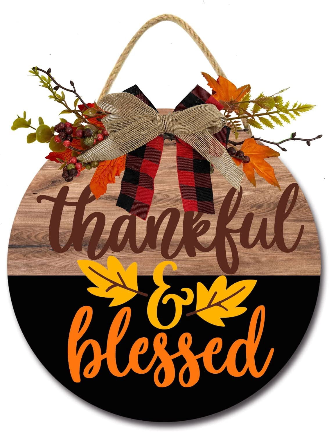 Eveokoki 11" Thankful Blessed Wooden Door Sign, Welcome Front Door ...