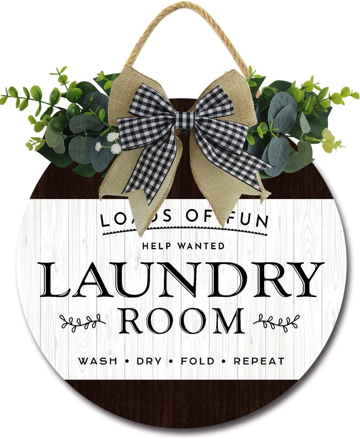 Eveokoki 11" Wash Dry Fold Repeat Laundry Room Sign Rustic Wooden Round ...