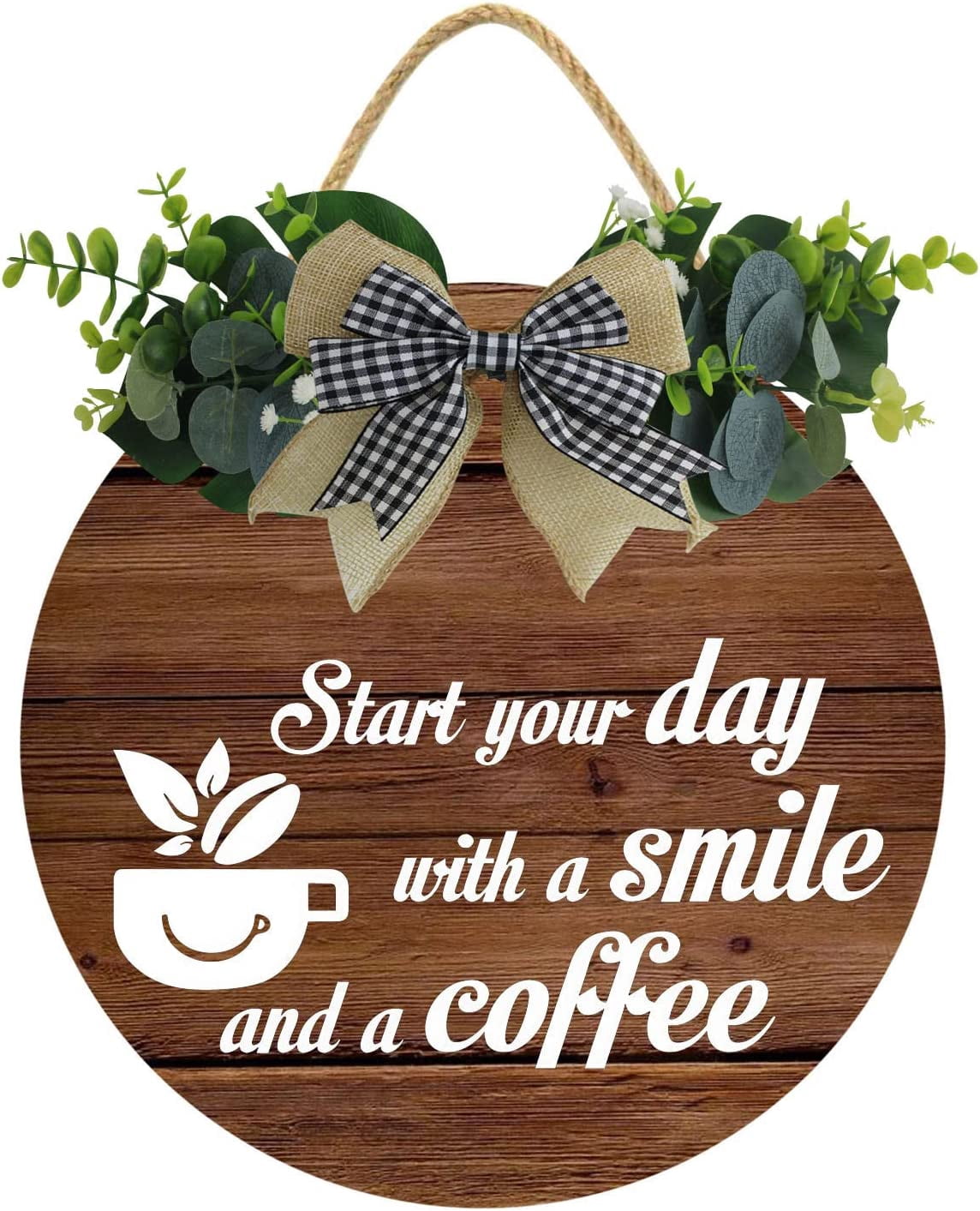 Eveokoki 11" Wooden Wreath,Start Your Day With A Smile And A Coffee ...