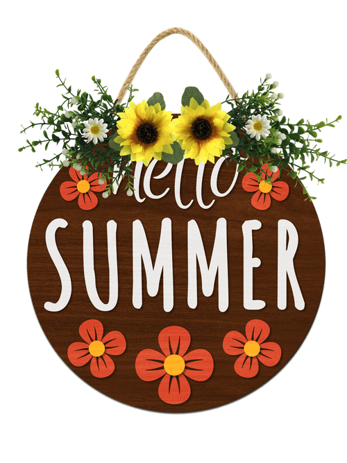 Eveokoki 11 x 11 Inch Hello Summer Door Sign Wooden Summer Wreath Decor ...