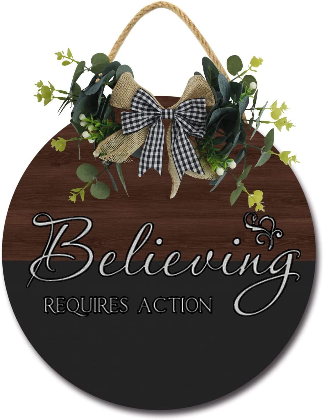Eveokoki 12" Door Wooden Hanging Sign,Believing Requires Action Sign ...