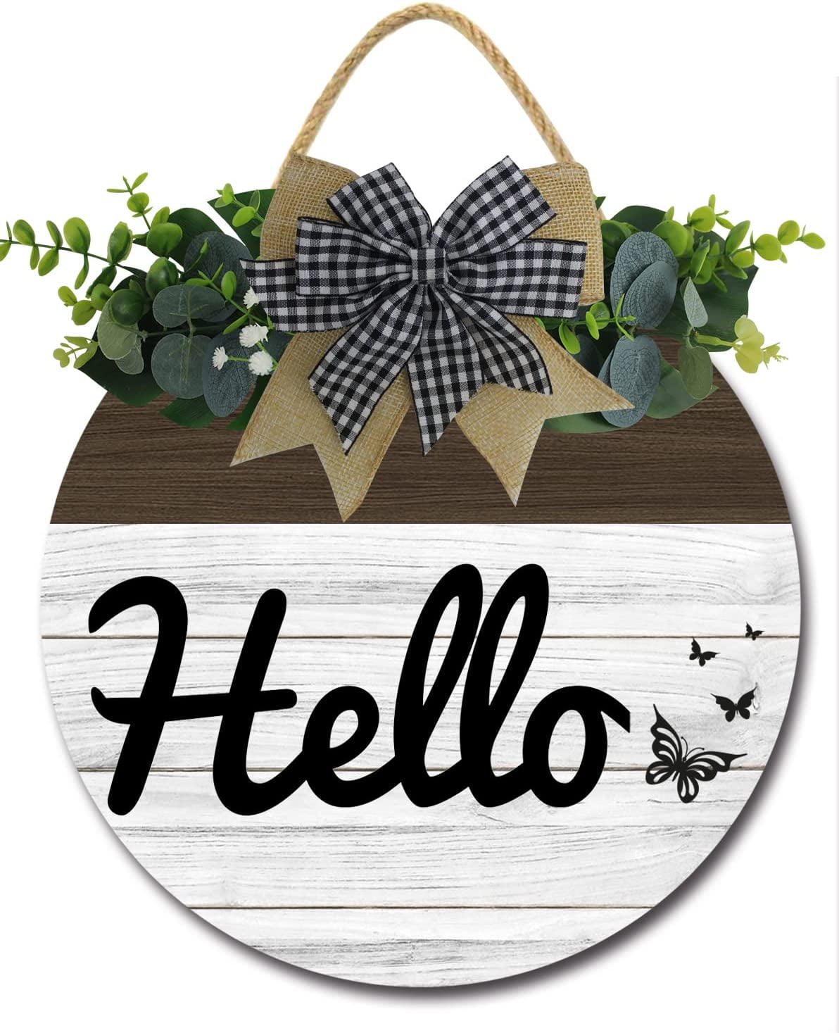 Eveokoki 12" Hello Sign for Front Door Farmhouse Porch ,Round Wooden ...