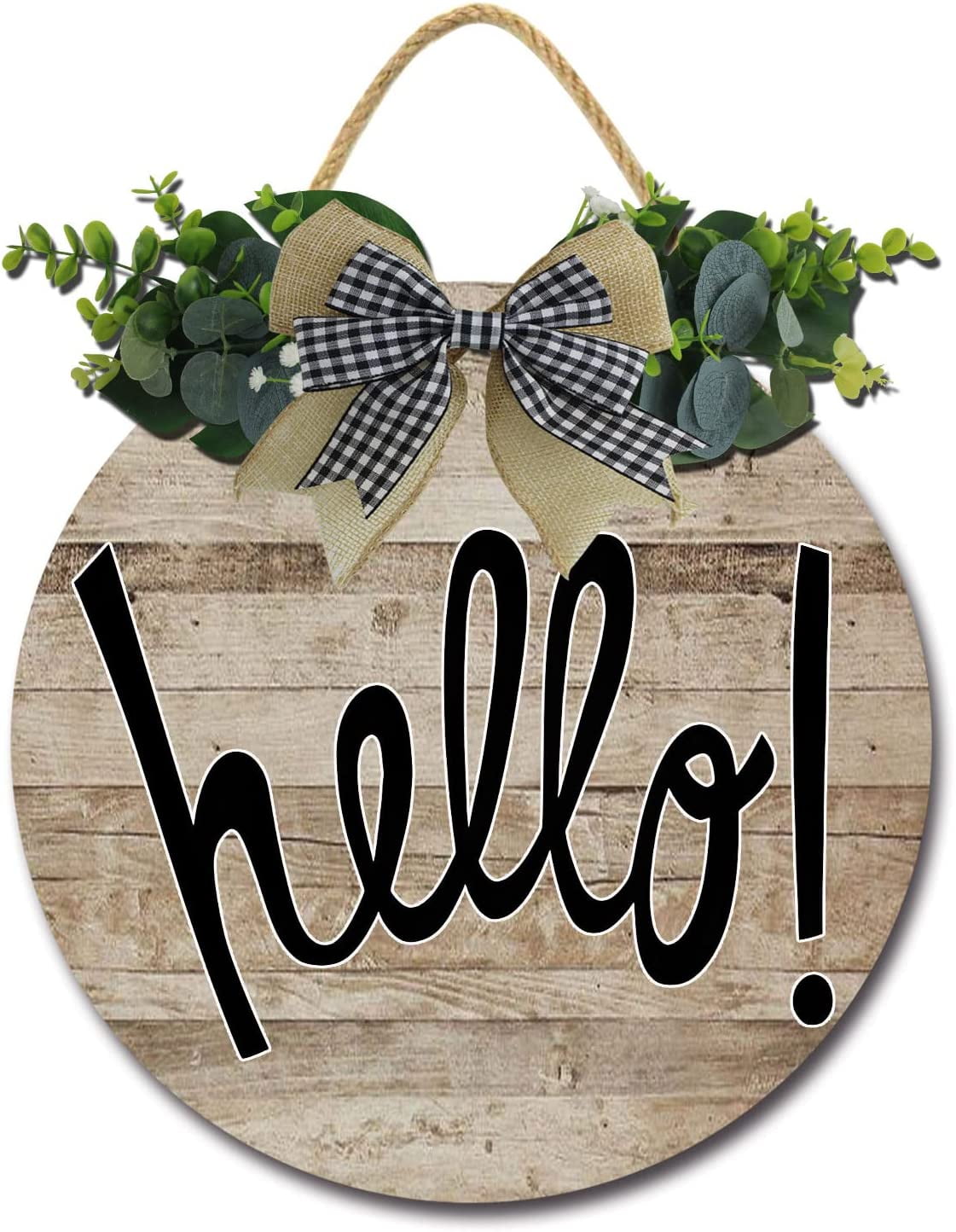 Eveokoki 12" Hello Wreath Hanging Welcome Sign Front Door Signs Wooden ...
