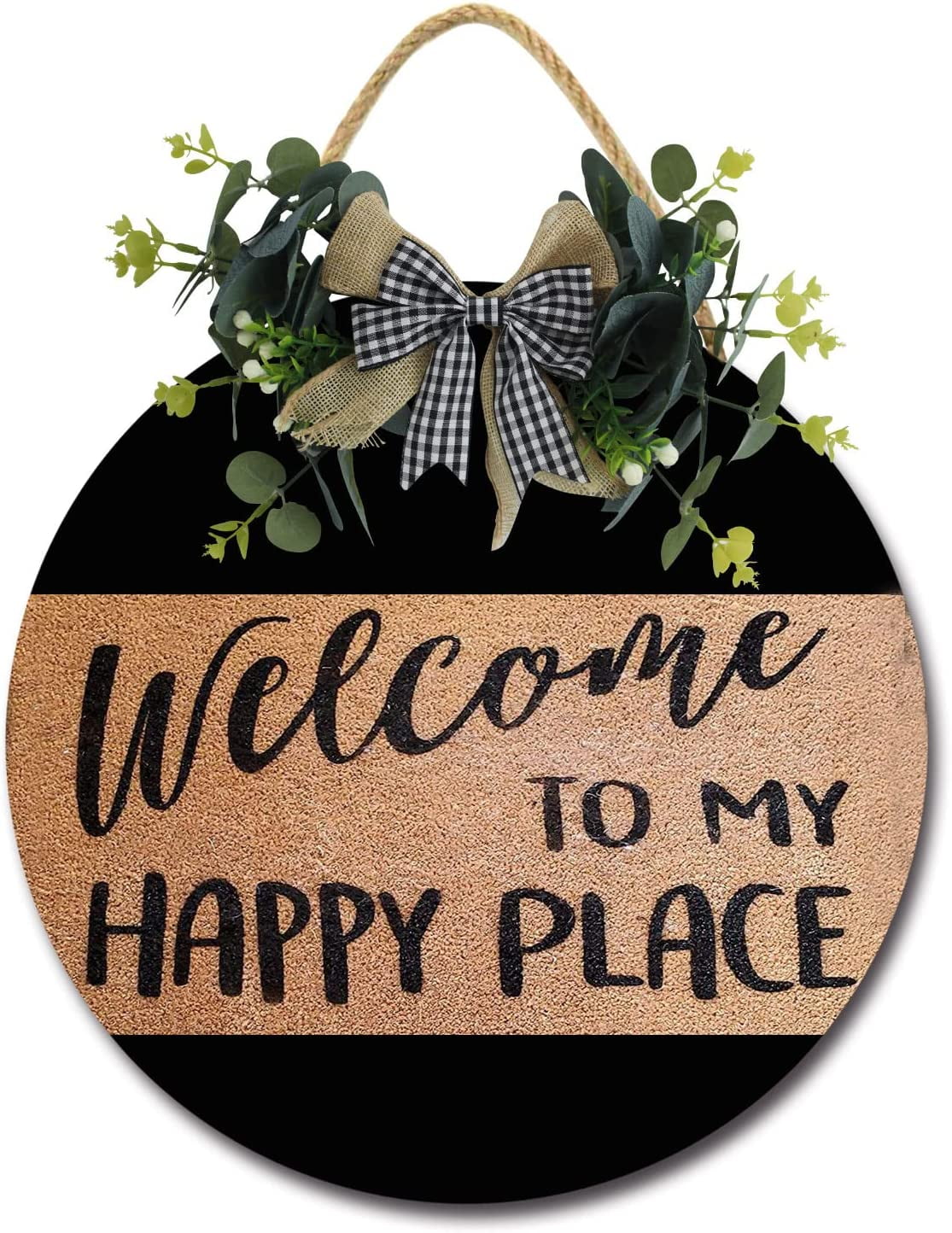 Eveokoki 12" Round Wood Welcome To My Happy Place Sign Front Door ...