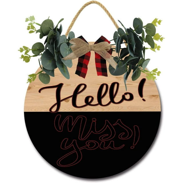 Eveokoki 12" Rustic Sign Hello Miss You Sign Door Decor Wooden Front ...