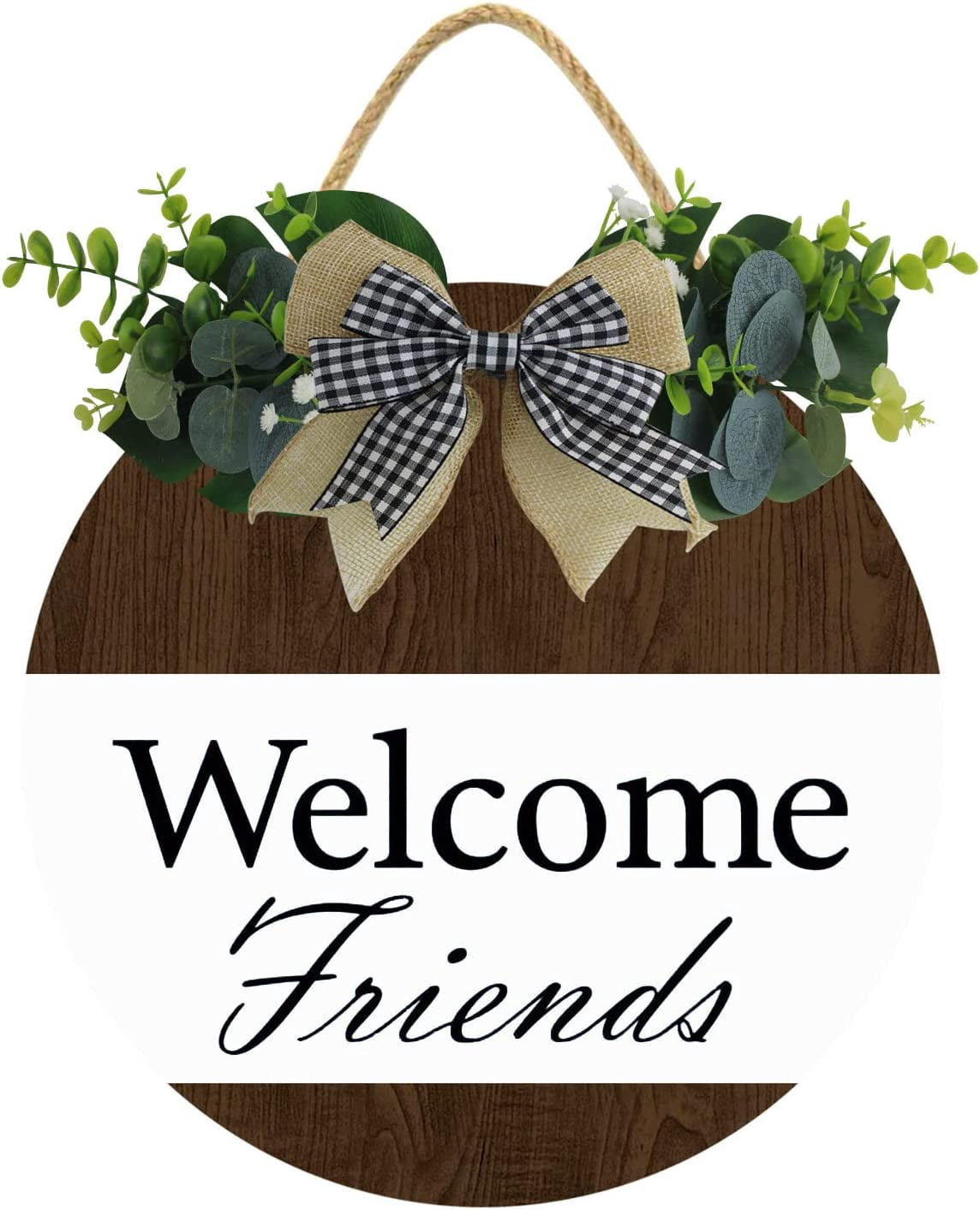 Eveokoki 12" Wood Round Welcome Friends Wreath Sign Hanging Decoration ...