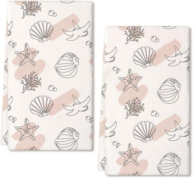 Eveokoki 2 Pcs Beach Kitchen Towels Abstract Sea Shells Dish Towel Set ...