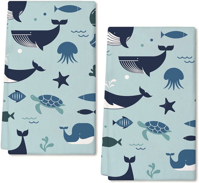 Eveokoki 2 Pcs Beach Kitchen Towels Sea Life Whales Dolphins Dish Towel ...