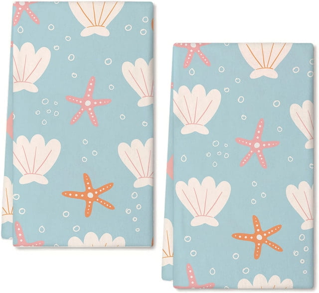 Eveokoki 2 Pcs Beach Kitchen Towels Seashells Corals Dish Towel Set ...