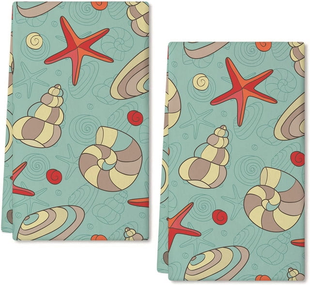 Eveokoki 2 Pcs Beach Kitchen Towels Shells And Starfish Dish Towel Set ...
